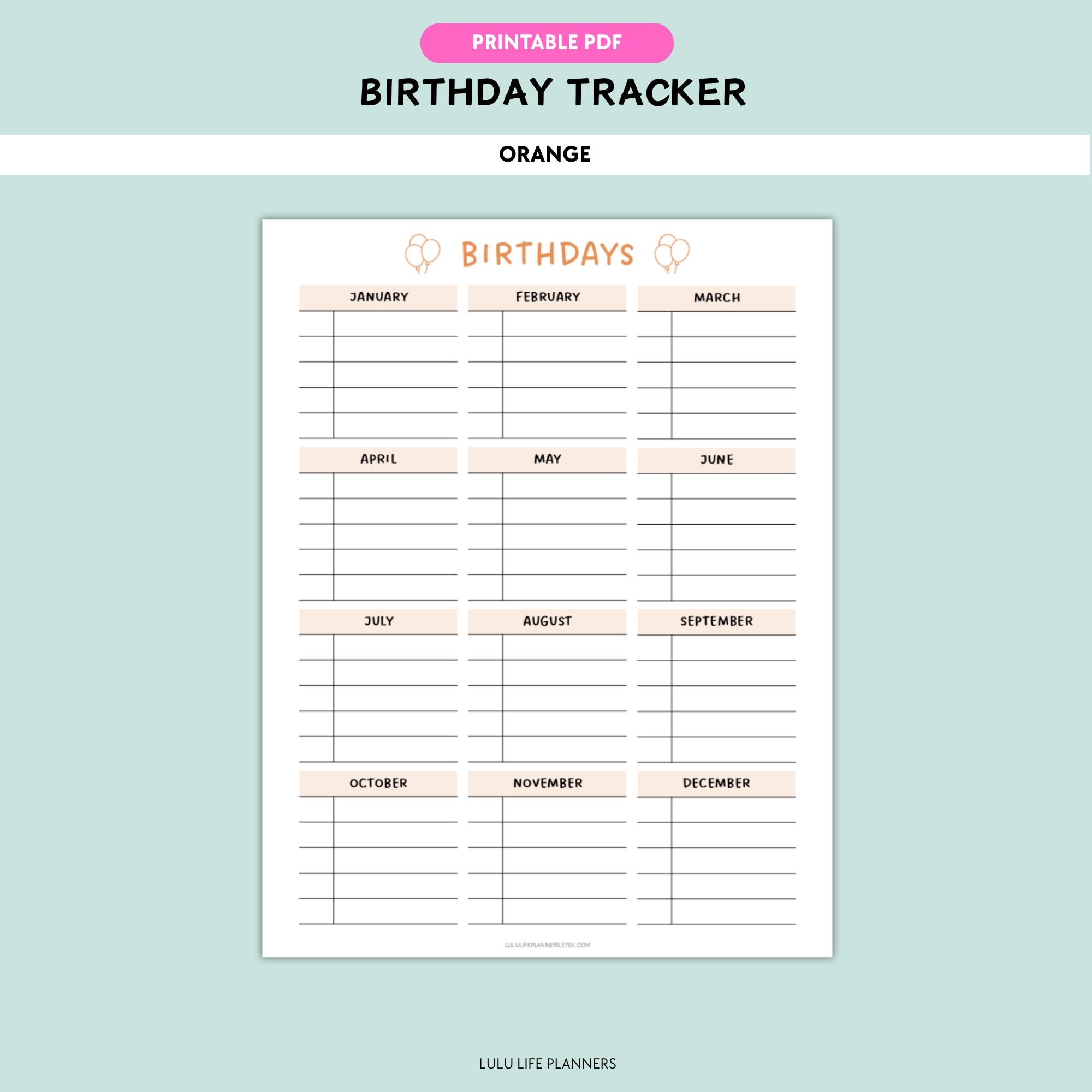 Birthday Tracker Printable PDF Template, Birthday Calendar, A4 | A5 ...