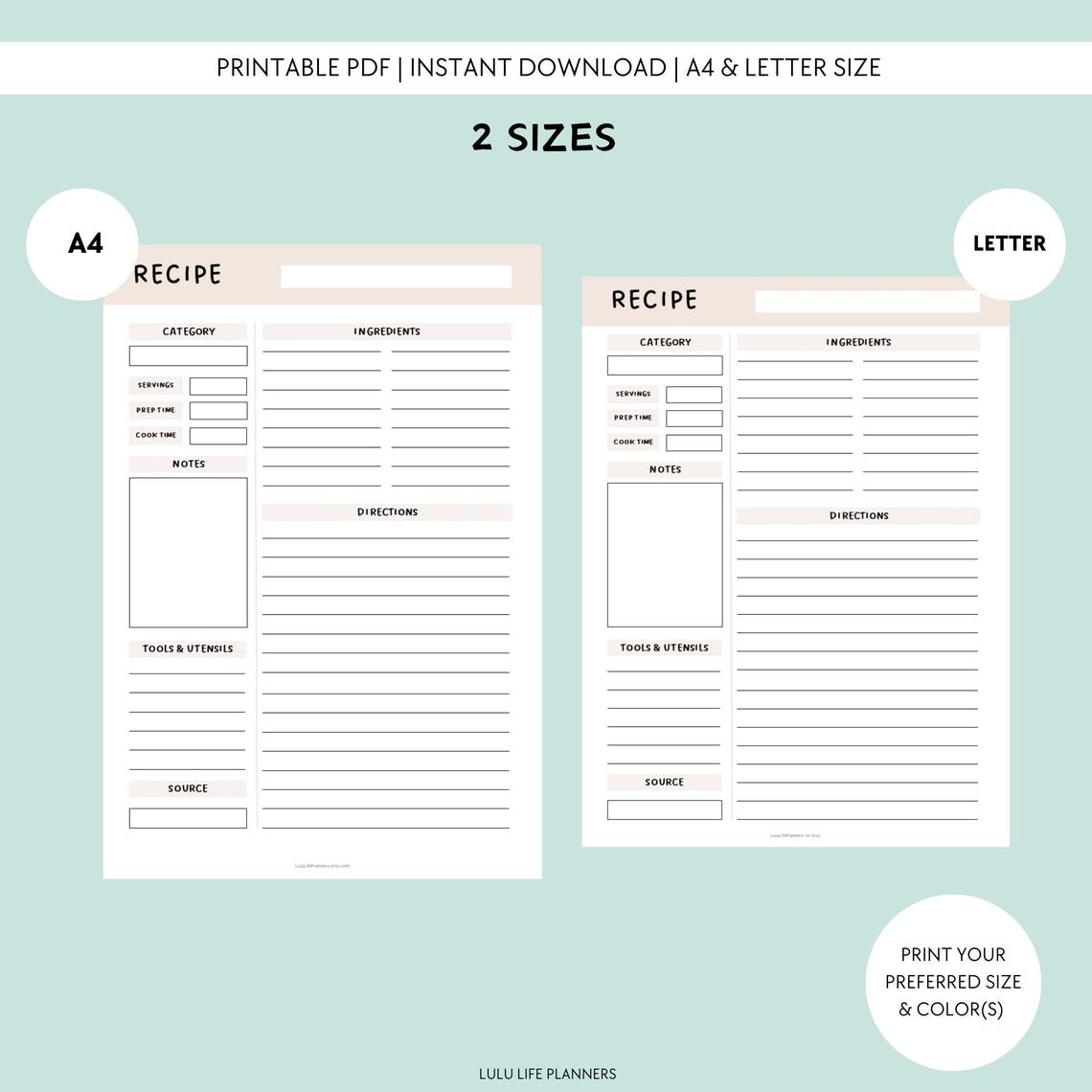Printable Recipe Template, Recipe Card, Blank Recipe Page, Recipe Book ...