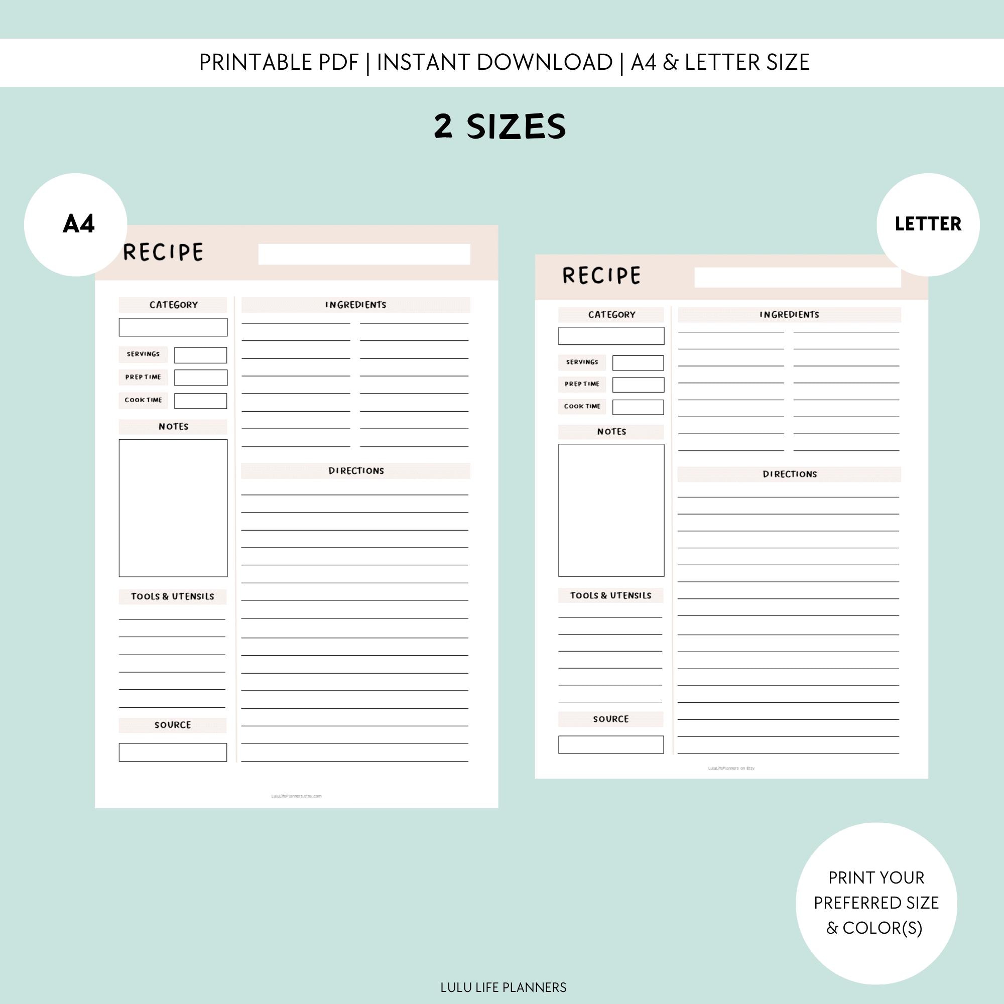 Printable Recipe Template, Recipe Card, Blank Recipe Page, Recipe Book ...
