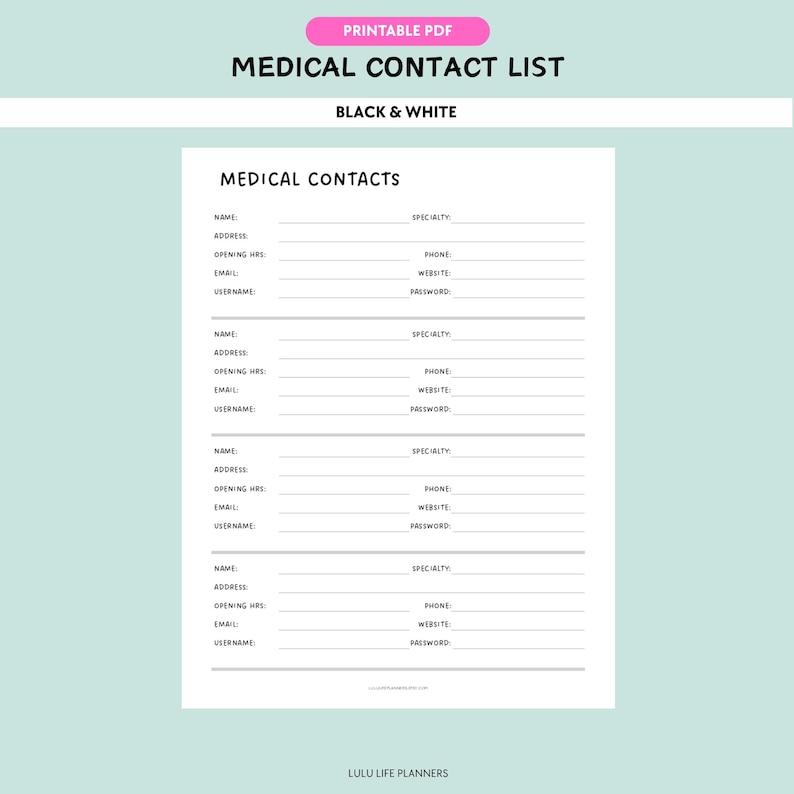 Medical Contacts List Printable Template, Healthcare Contacts, Doctor ...