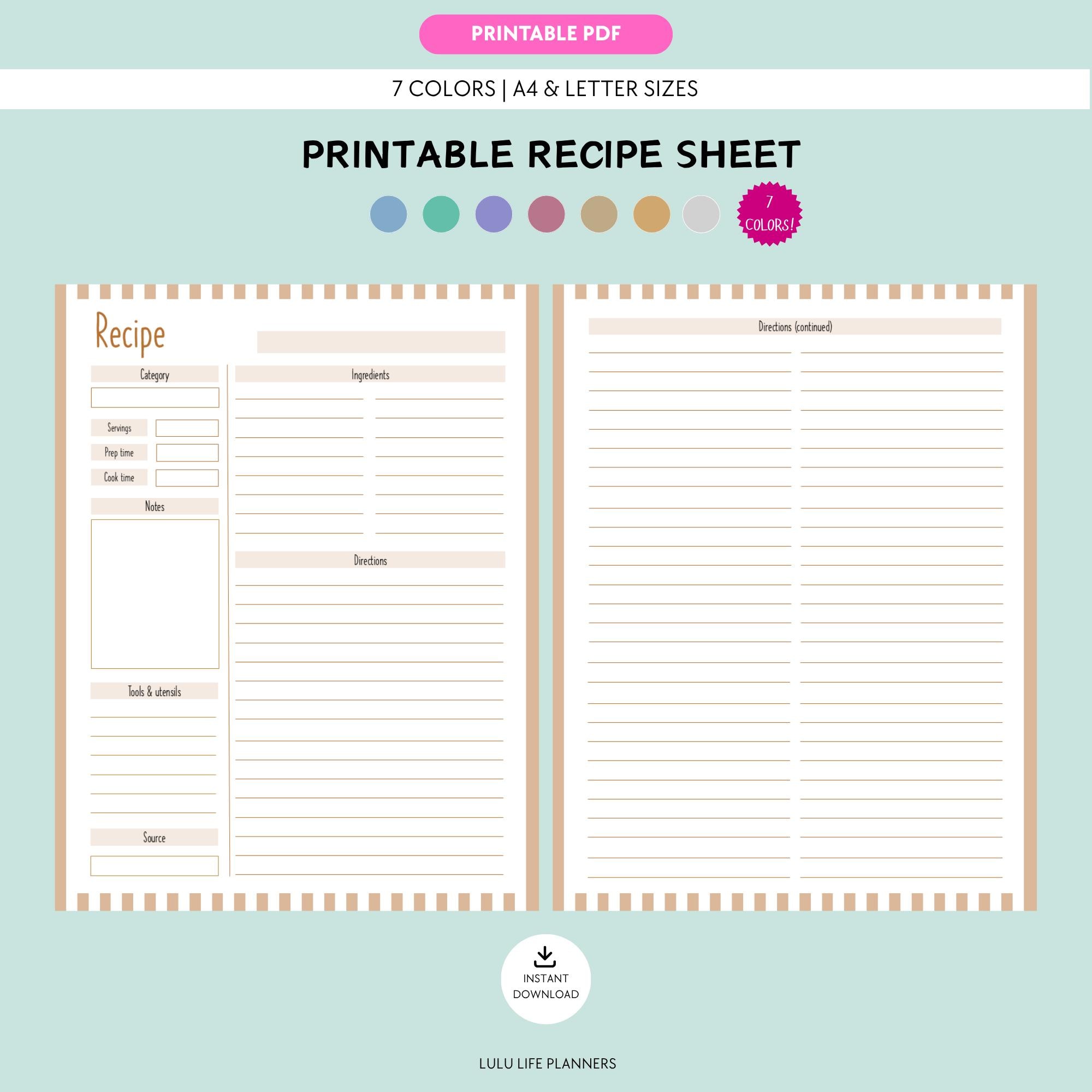 Printable Recipe Template, Recipe Card, Blank Recipe Page, Recipe Book ...