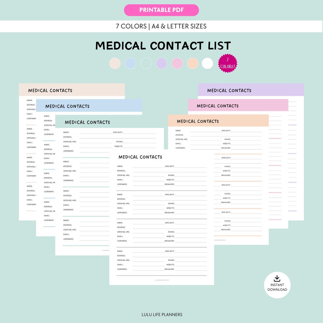 Medical Contacts List Printable Template, Healthcare Contacts, Doctor ...
