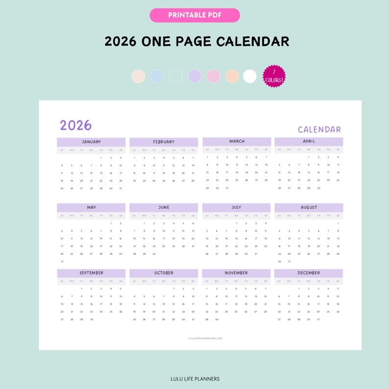 2026 One Page Calendar, Printable PDF, Year at a Glance, 7 Colors ...