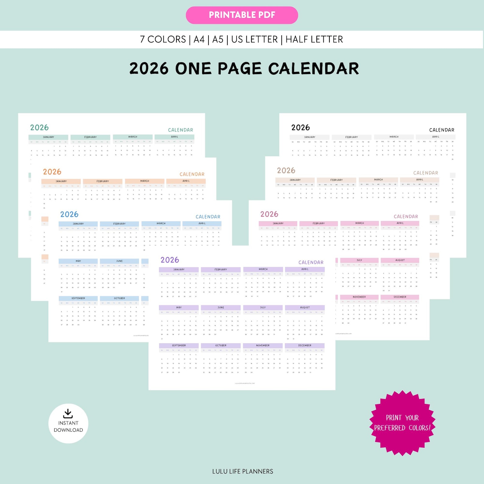 2026 One Page Calendar, Printable PDF, Year at a Glance, 7 Colors ...
