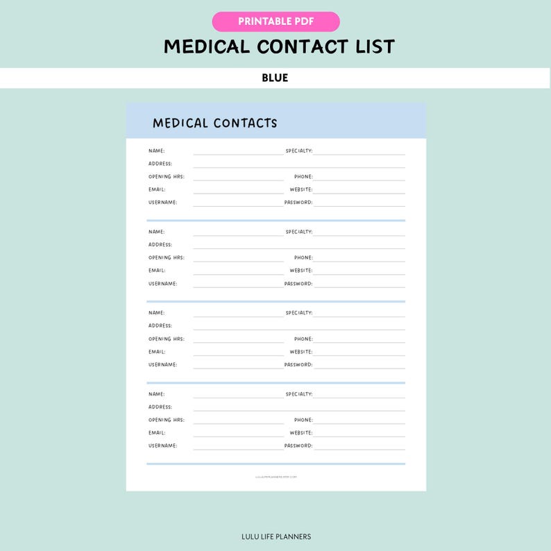 Medical Contacts List Printable Template, Healthcare Contacts, Doctor ...