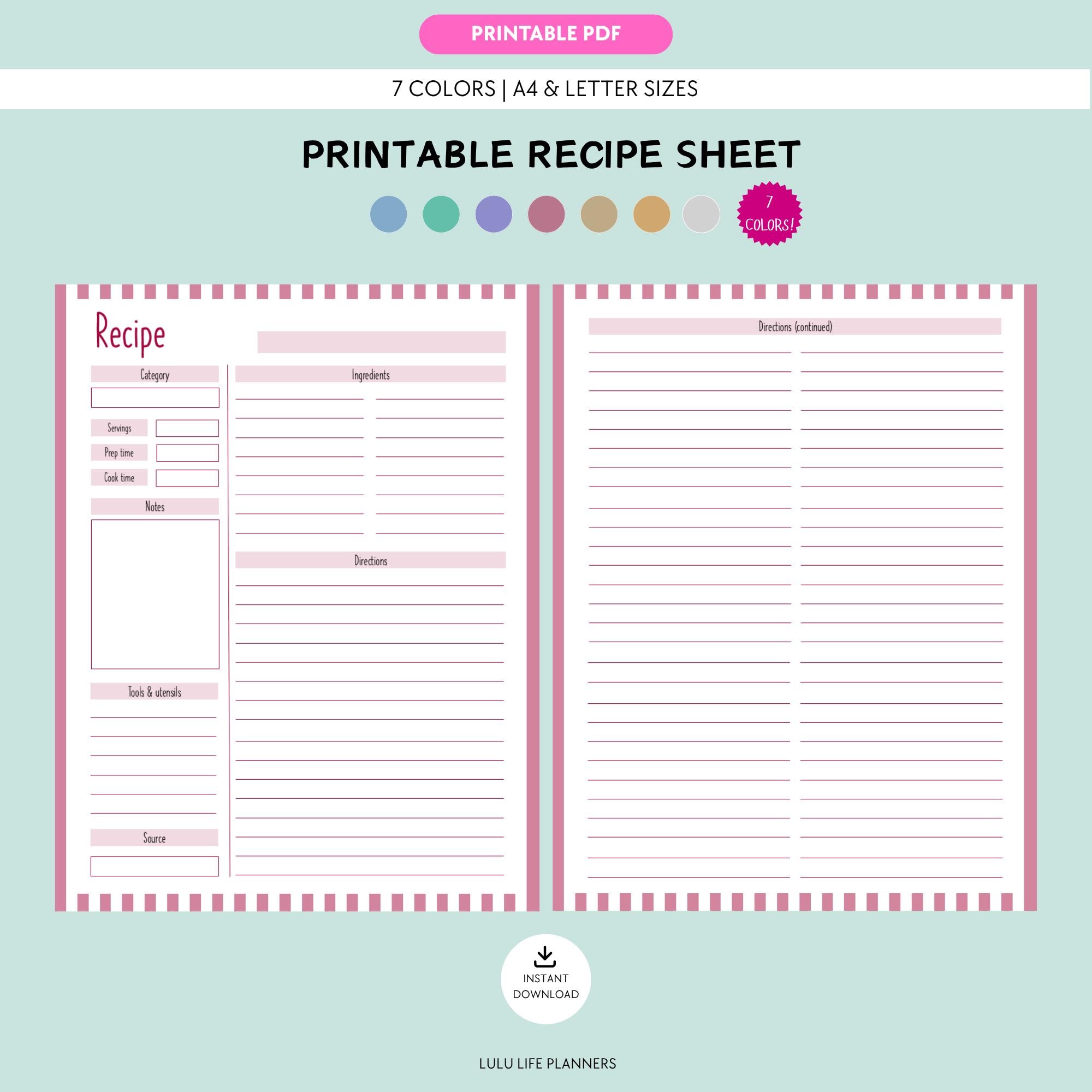 Printable Recipe Template, Recipe Card, Blank Recipe Page, Recipe Book ...