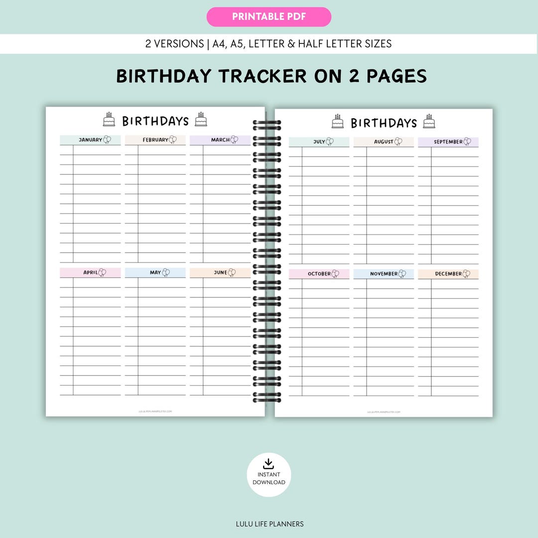 Birthday Tracker Printable PDF Template, Birthday Calendar on 2 Pages ...
