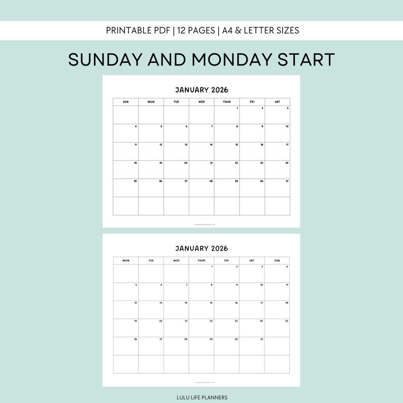 2026 Calendar Printable, Monthly Planner, Sunday and Monday Start, A4 ...