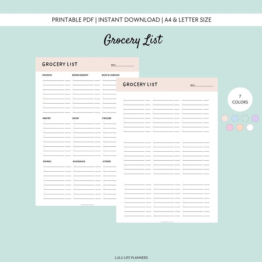 Grocery List Printable Template, Food Shopping List, Grocery Planner, 7 ...