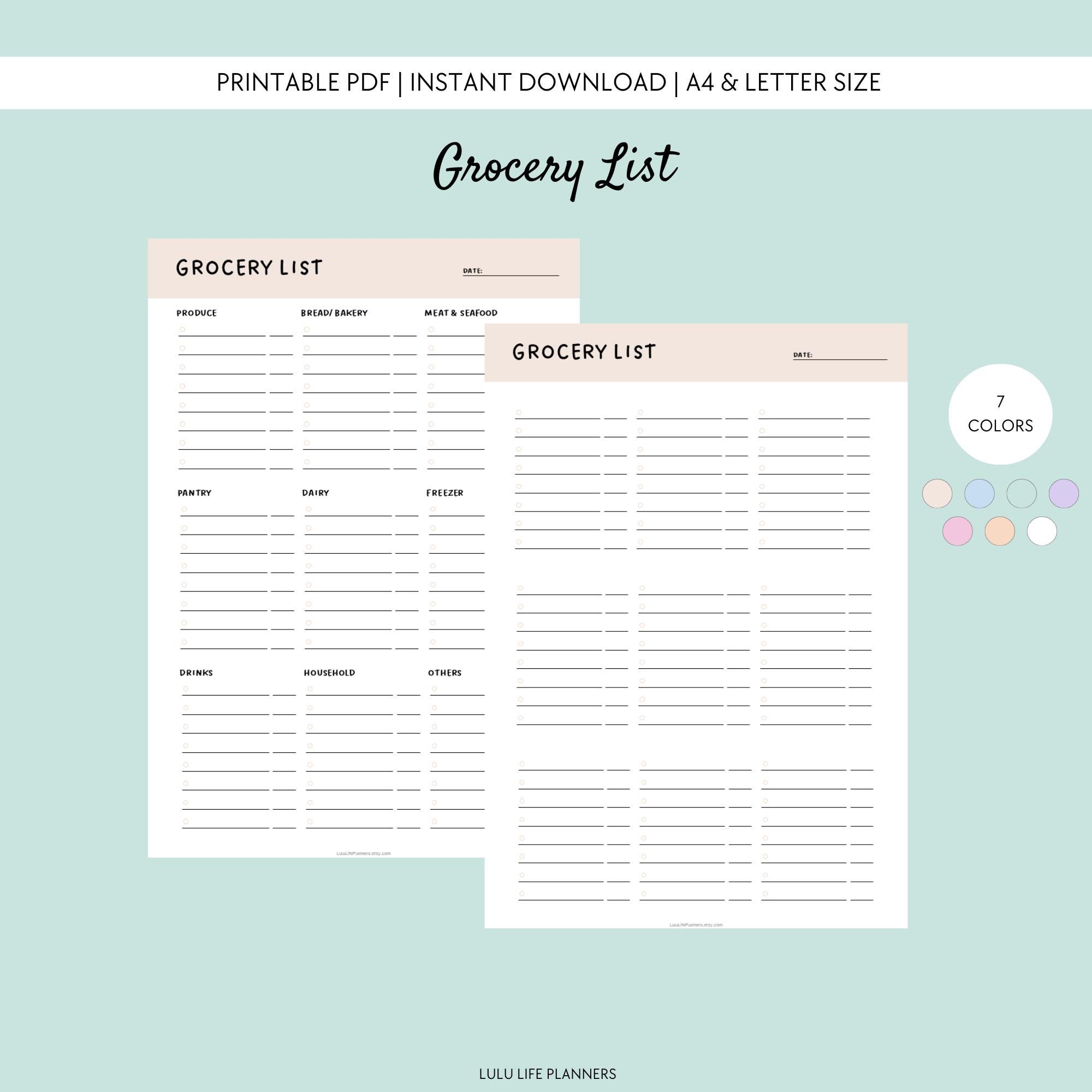 Grocery List Printable Template, Food Shopping List, Grocery Planner, 7 ...