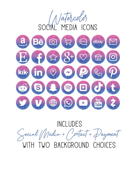 Social Media Icons in Pink and Blue Watercolor Social Media | Etsy