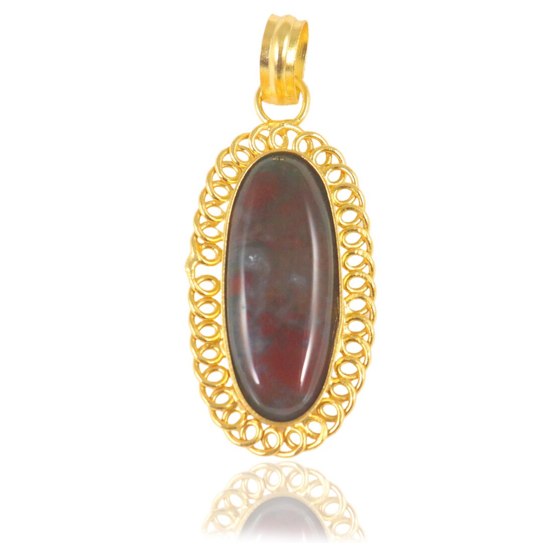 Blood Stone Charms - Long Oval Shape Pendant, Yellow Gold Plated Charms ...