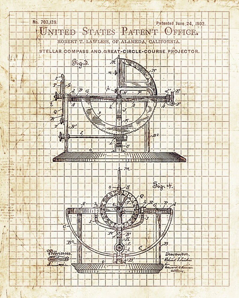 Stellar Compass Patent Vintage Nautical Art Navigation | Etsy