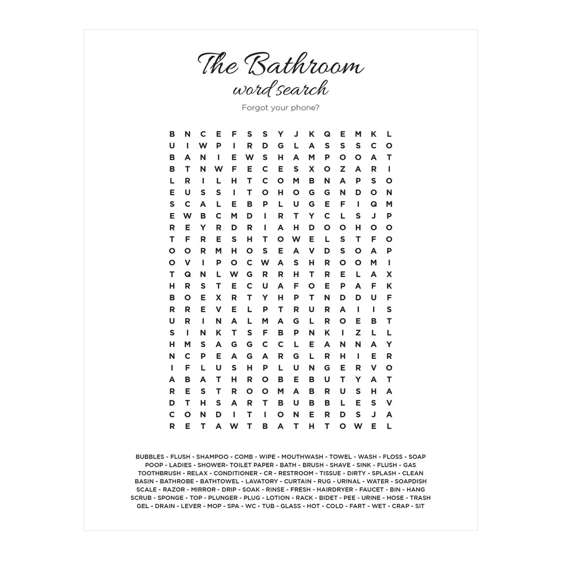 Bathroom Word Search Bathroom Word Art Word Search Puzzle | Etsy