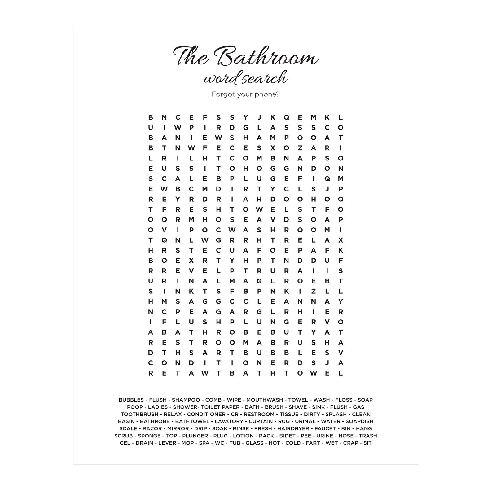 Bathroom Word Search Bathroom Word Art Word Search Puzzle | Etsy