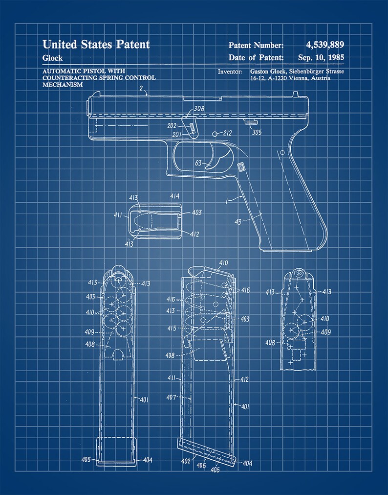 Glock Gun Poster Glock Patent Print Weaponry Glock Blueprint Automatic ...