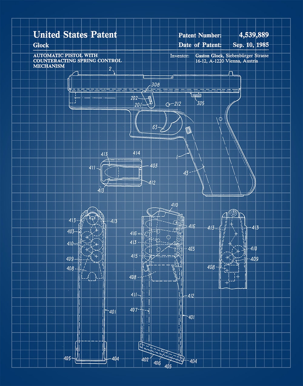 Glock Gun Poster Glock Patent Print Weaponry Glock Blueprint Automatic ...