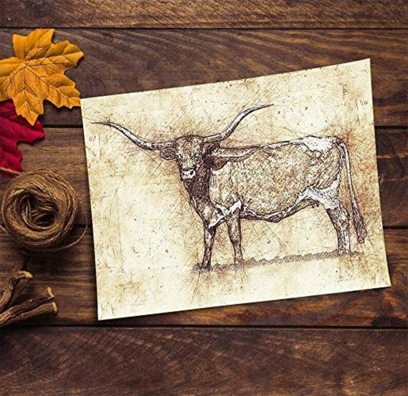 Longhorn Print Longhorn Wall Art Longhorn Art Texas Longhorn Cow ...