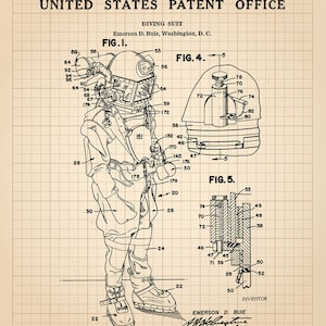 Scuba Design Patent Blueprint Poster Diving Suit Design Antique Diving ...