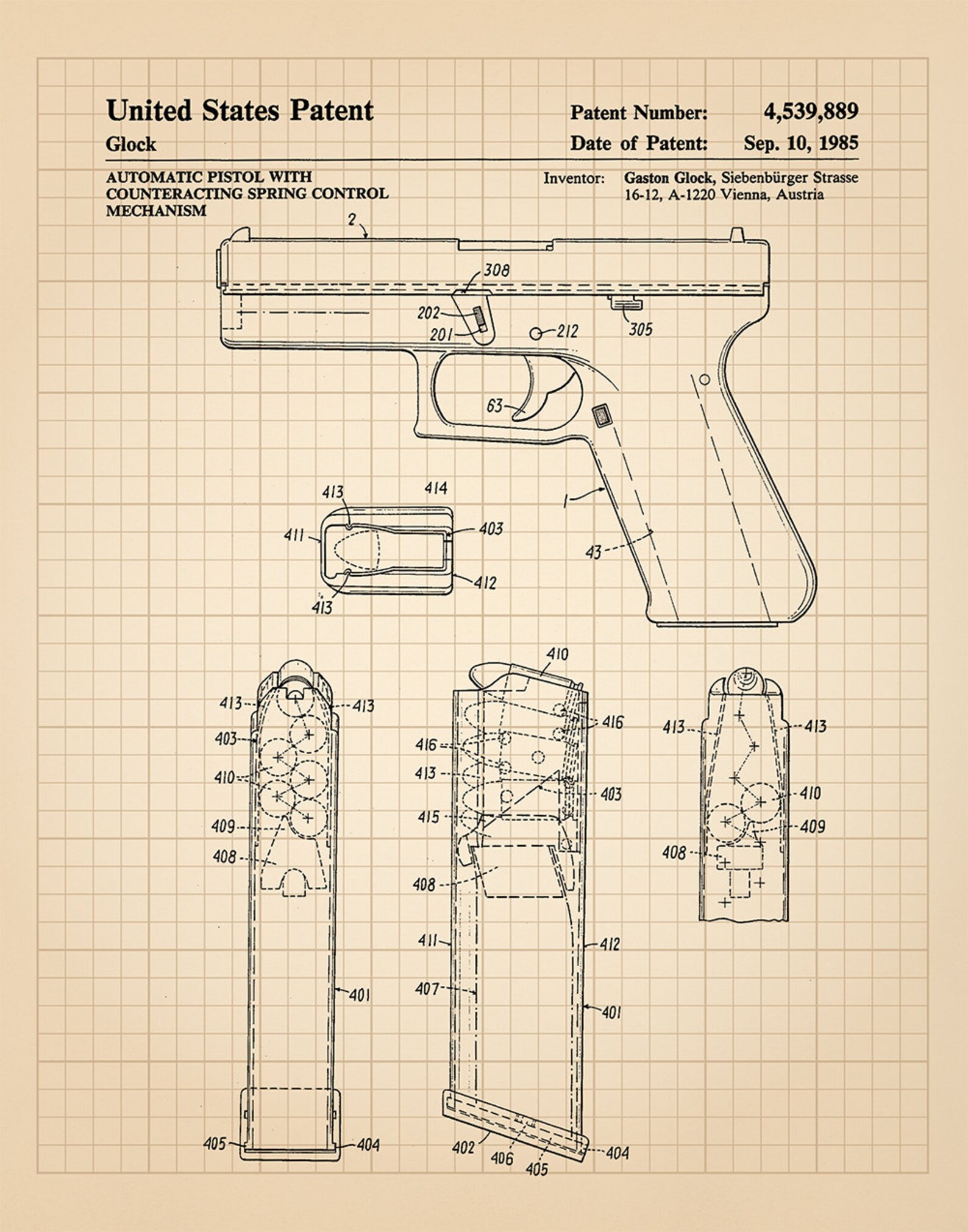 Glock Gun Poster Glock Patent Print Weaponry Glock Blueprint Automatic ...