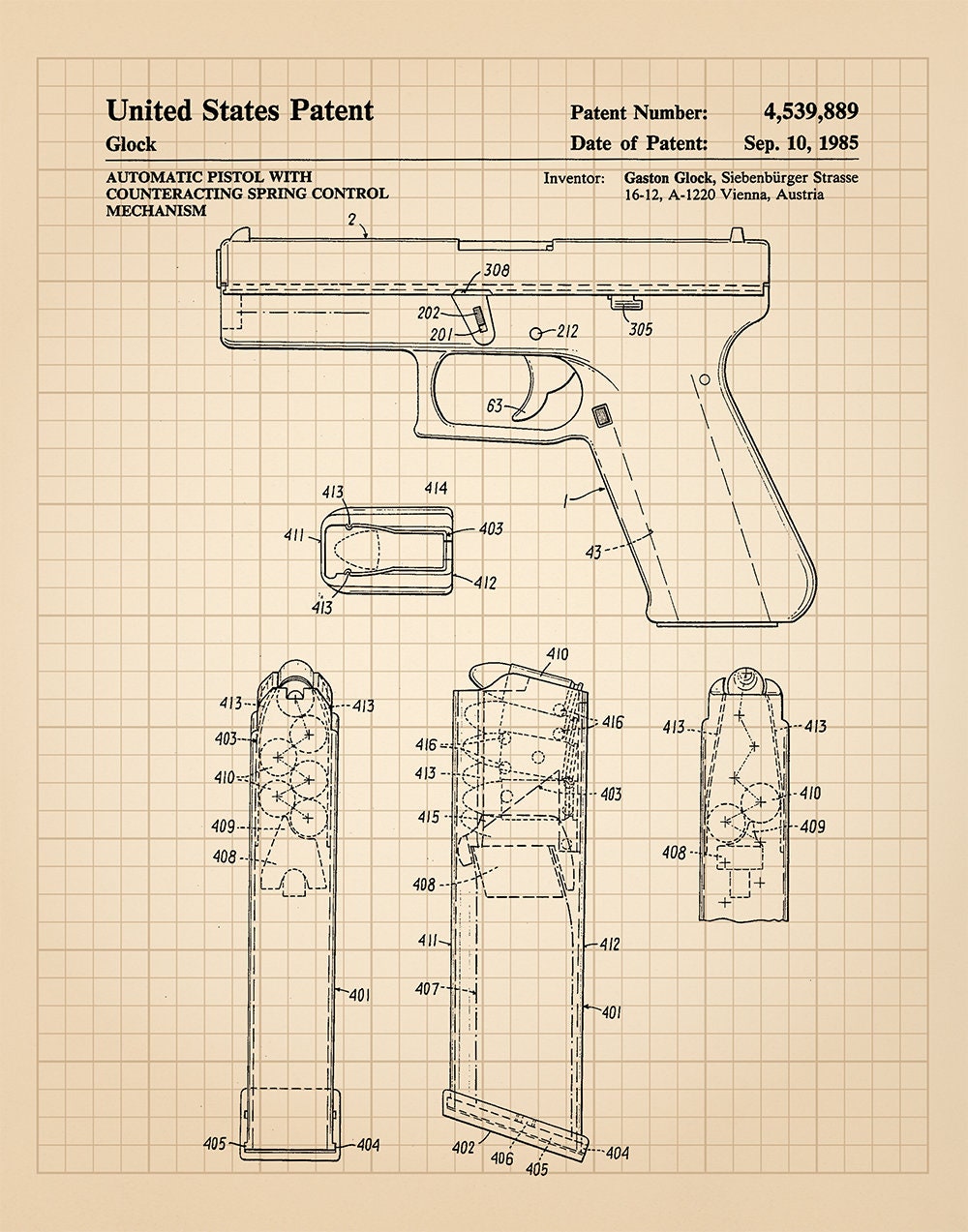Glock Gun Poster Glock Patent Print Weaponry Glock Blueprint Automatic ...