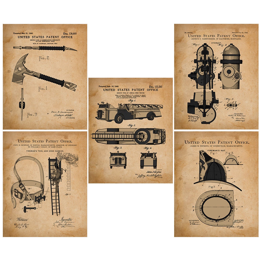 Firefighting Patent Firefighting Posters Fireman Print Set Firefighter ...
