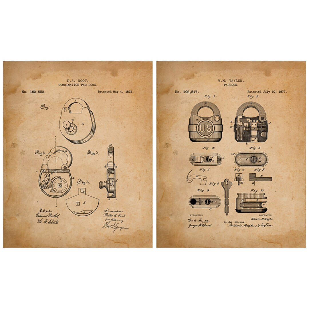 Padlock Patent Antique Padlock Padlock Poster Padlock and Key Lock Art ...