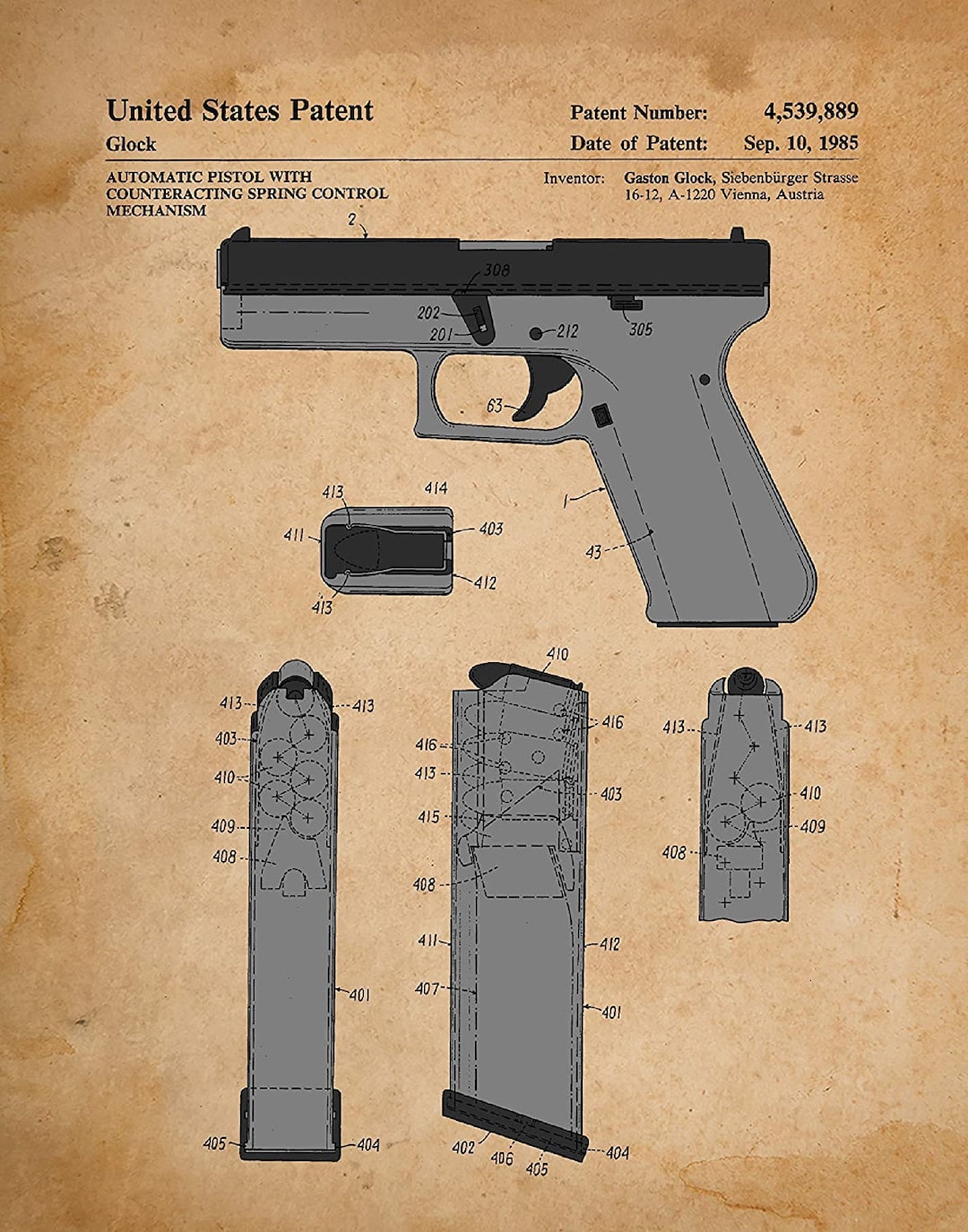 Glock Gun Poster Glock Patent Print Weaponry Glock Blueprint Automatic ...