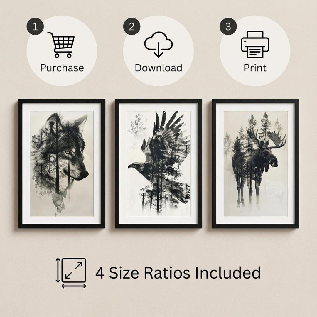 Animal & Birch Tree Ink Art Prints - Set of 3 (digital Download) - Etsy