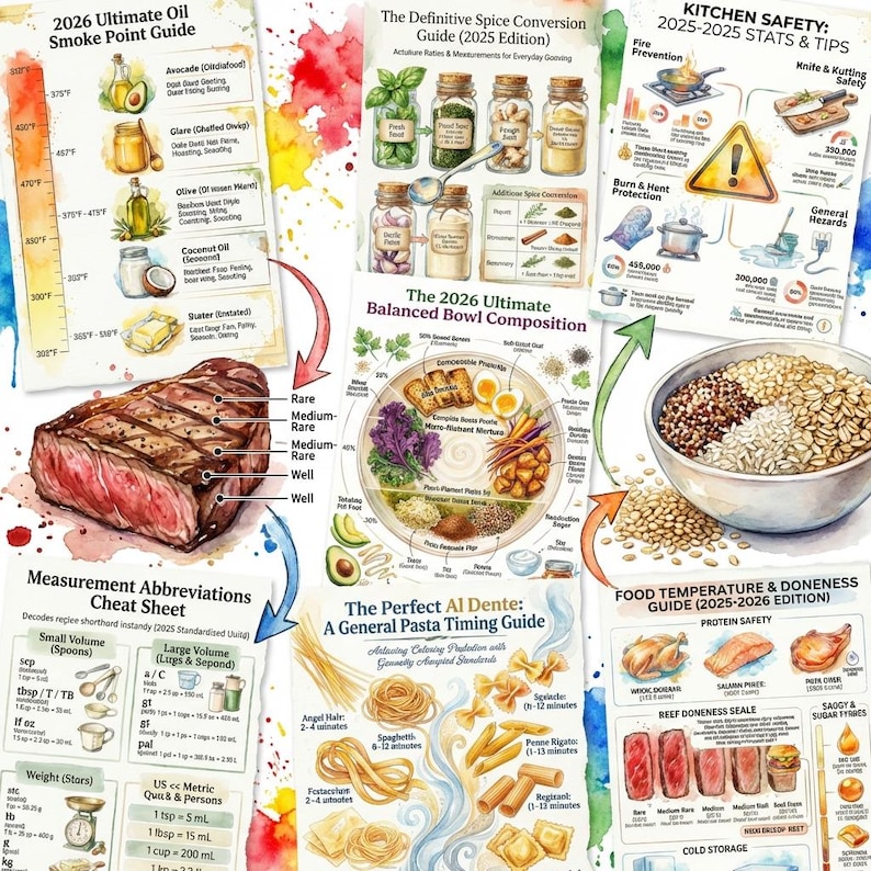16 Kitchen Cheat Sheets Bundle | Watercolor Cooking Infographics ...