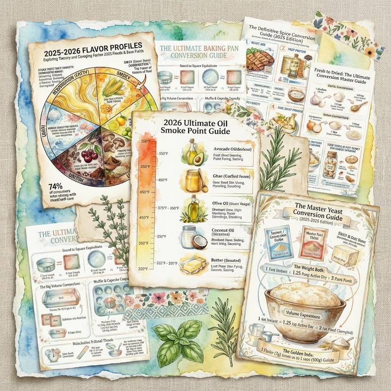 16 Kitchen Cheat Sheets Bundle | Watercolor Cooking Infographics ...