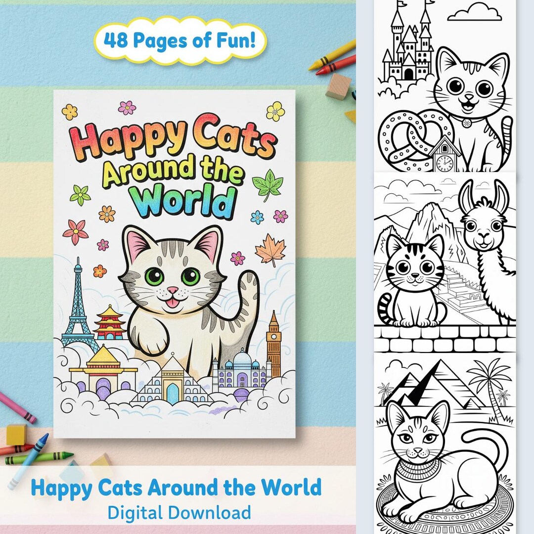 Cat Coloring Book: Happy Cats Around the World (digital Download PDF ...
