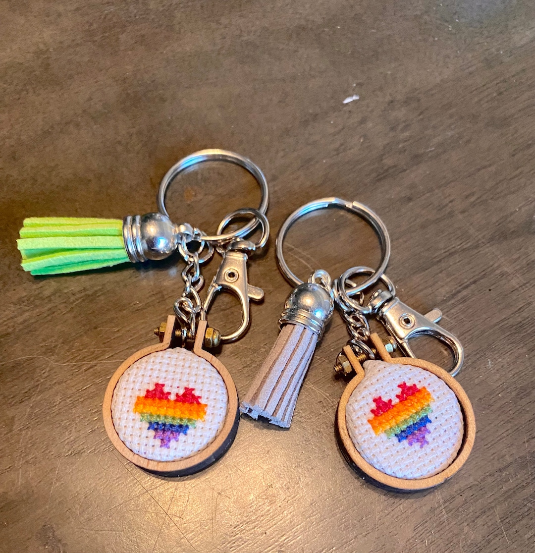 Pride Rainbow Heart Cross Stitch Keychain. Lgbtq Keychain. Handmade ...