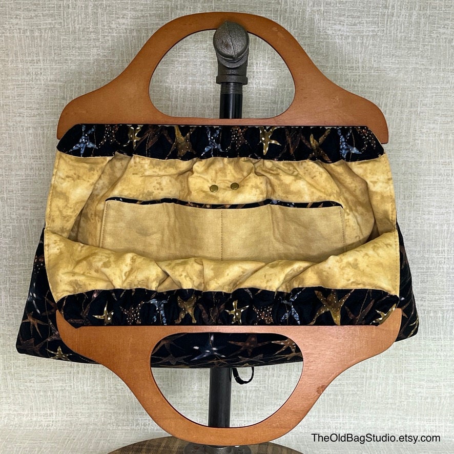 Wonky Stars, Vintage-style Wood Handle Bag, Knitting or Craft Bag ...