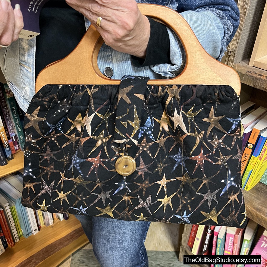 Wonky Stars, Vintage-style Wood Handle Bag, Knitting or Craft Bag ...