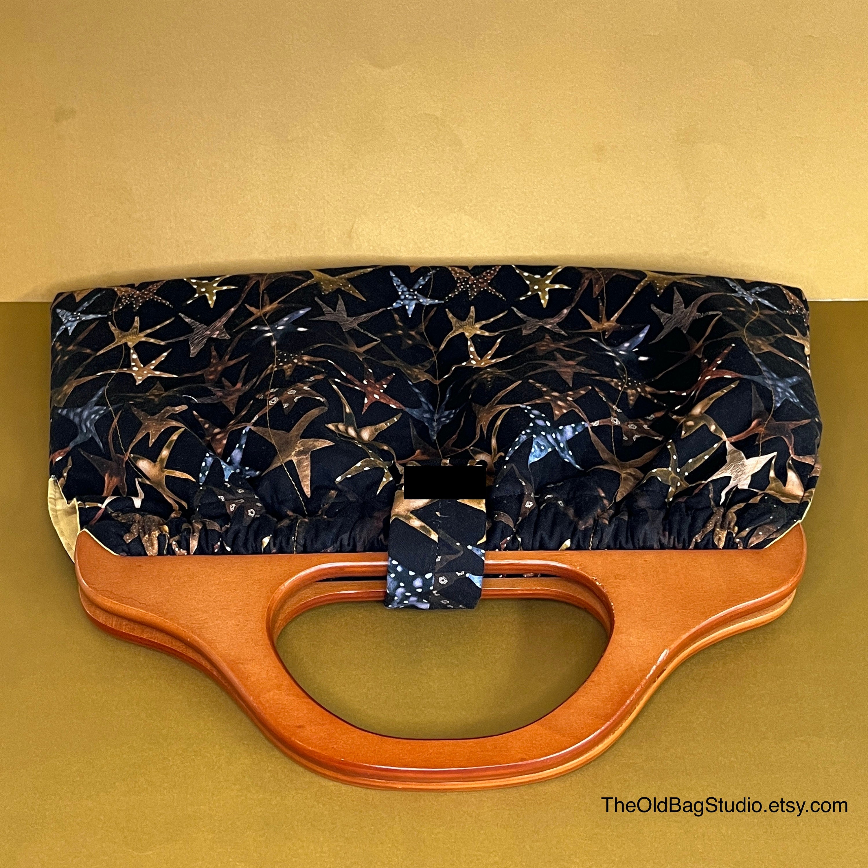 Wonky Stars, Vintage-style Wood Handle Bag, Knitting or Craft Bag ...