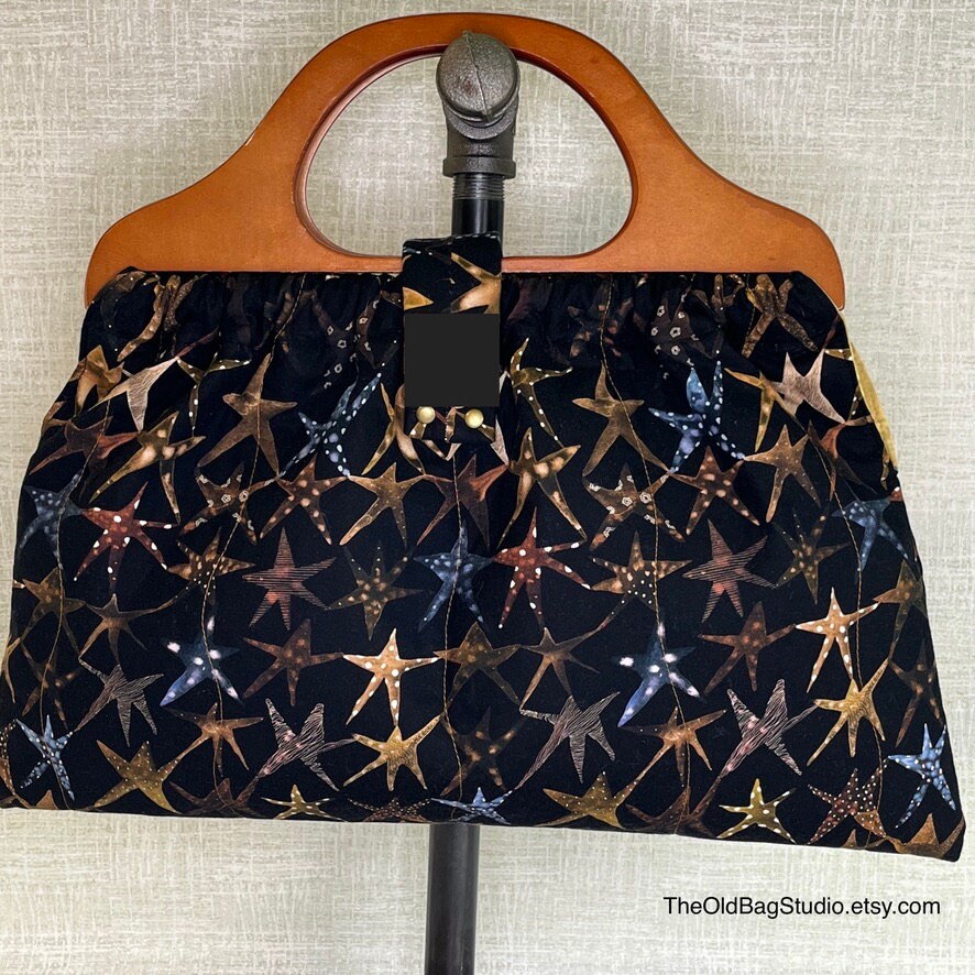 Wonky Stars, Vintage-style Wood Handle Bag, Knitting or Craft Bag ...