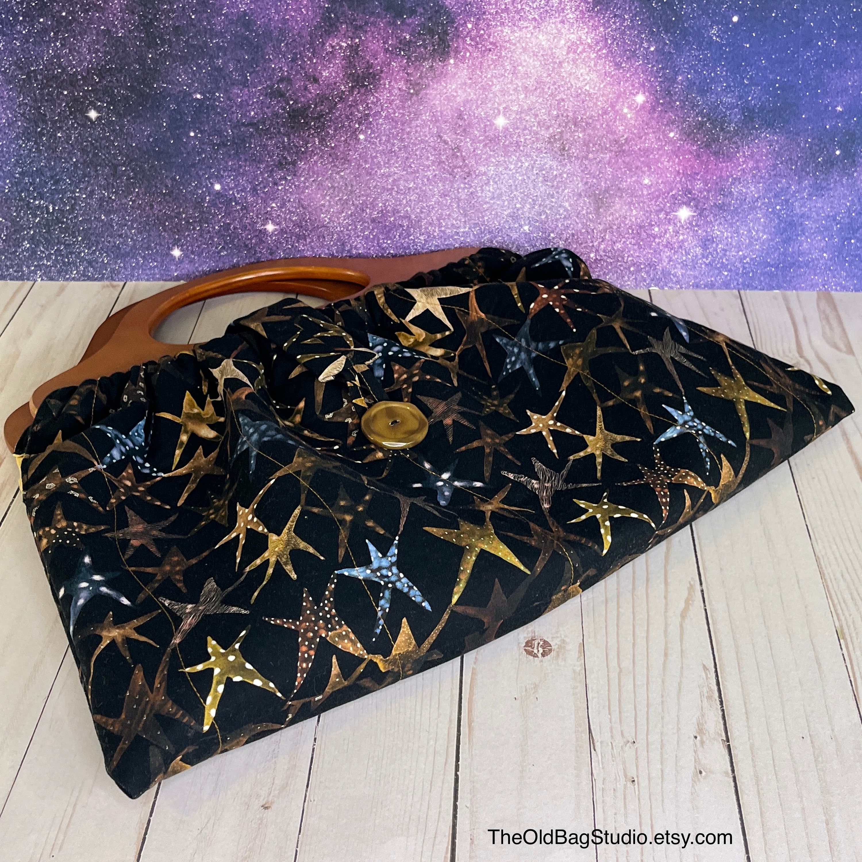 Wonky Stars, Vintage-style Wood Handle Bag, Knitting or Craft Bag ...