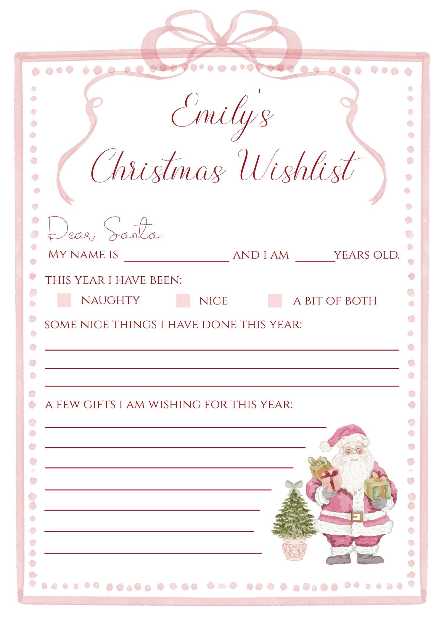 Pink Personalized Kids Christmas Wishlist Digital Download, Pink ...