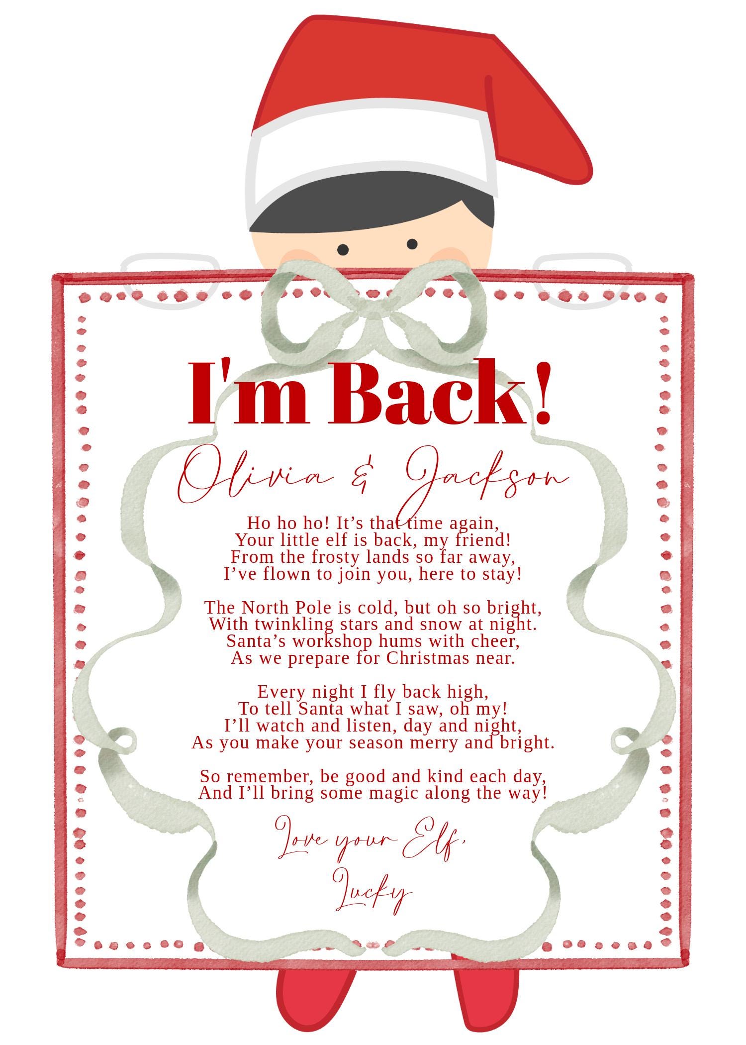 I'm Back Elf Arrival Letter | Elf on the Shelf Return Announcement Card ...