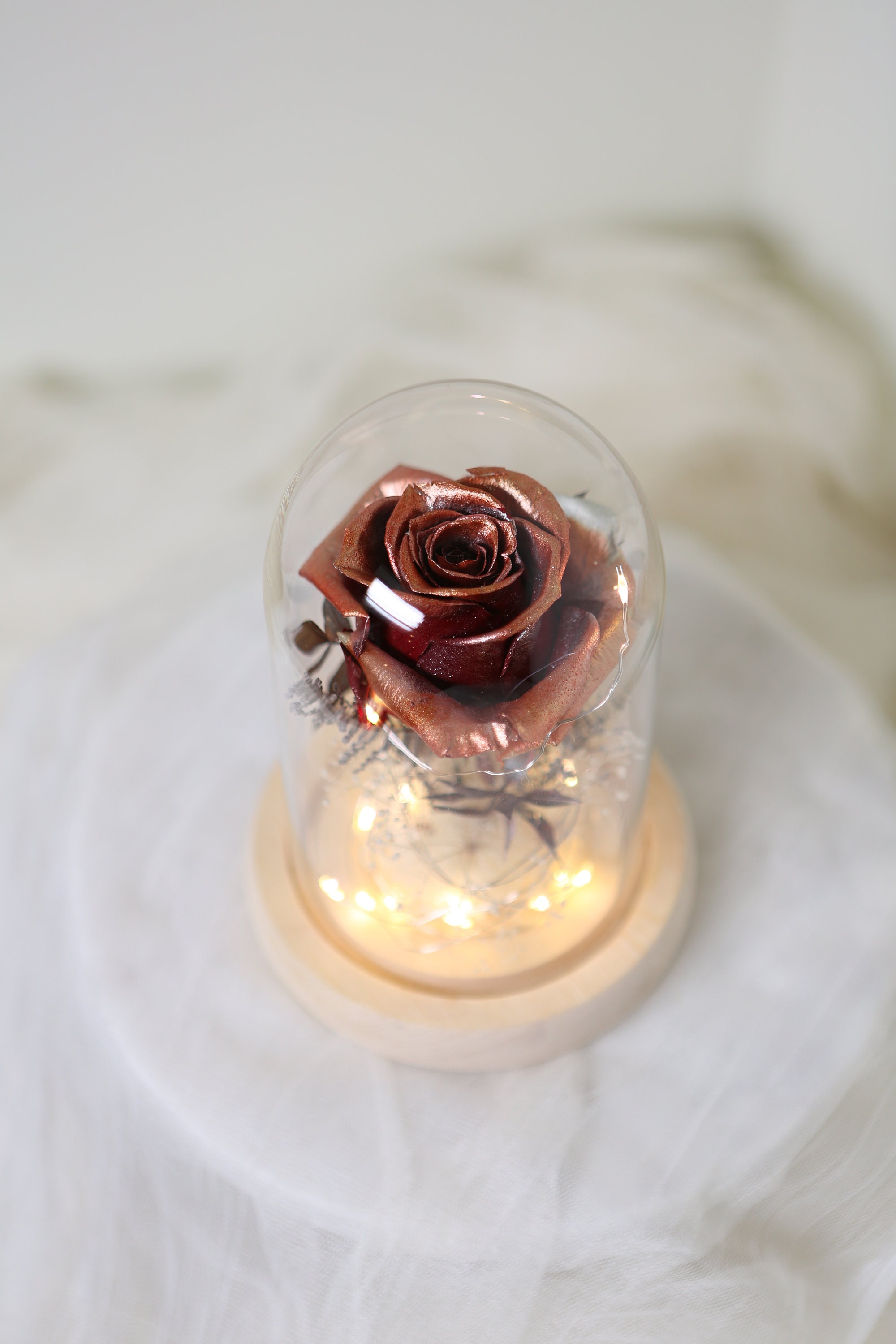 Preserved Flower Glass Dome With LED Rose Gold Rose With LOVE ...
