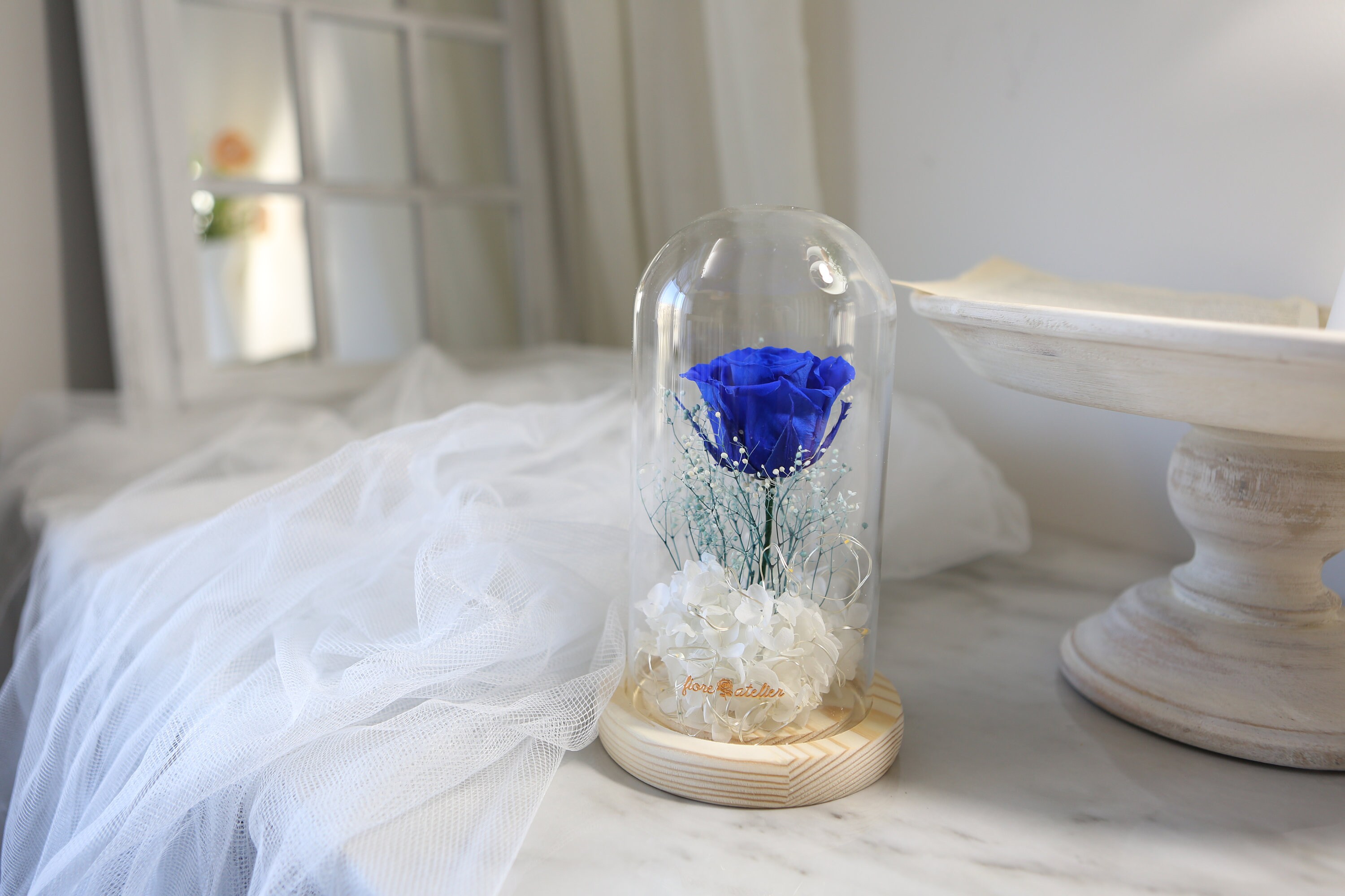 Fioreatelier Blue Rose | Preserved Flower Glass Dome With LED | Gift ...