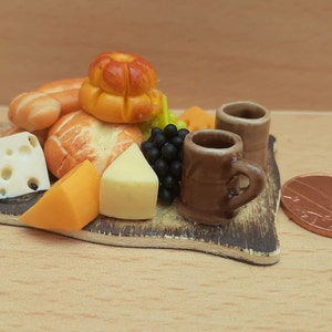 1:12 Dolls House Miniature Tudor Assorted Cheese and Bread on a Wooden ...