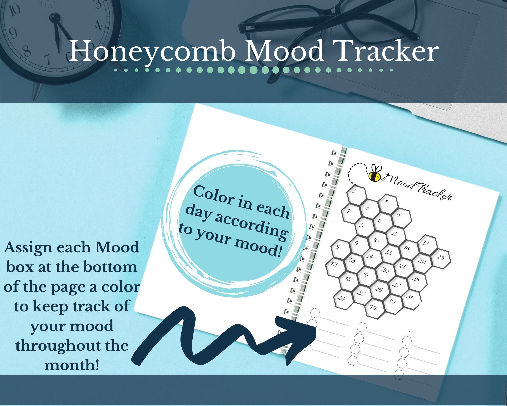 Monthly Honeycomb Bee Mood Tracker Printable, Bullet Journal, Planner ...