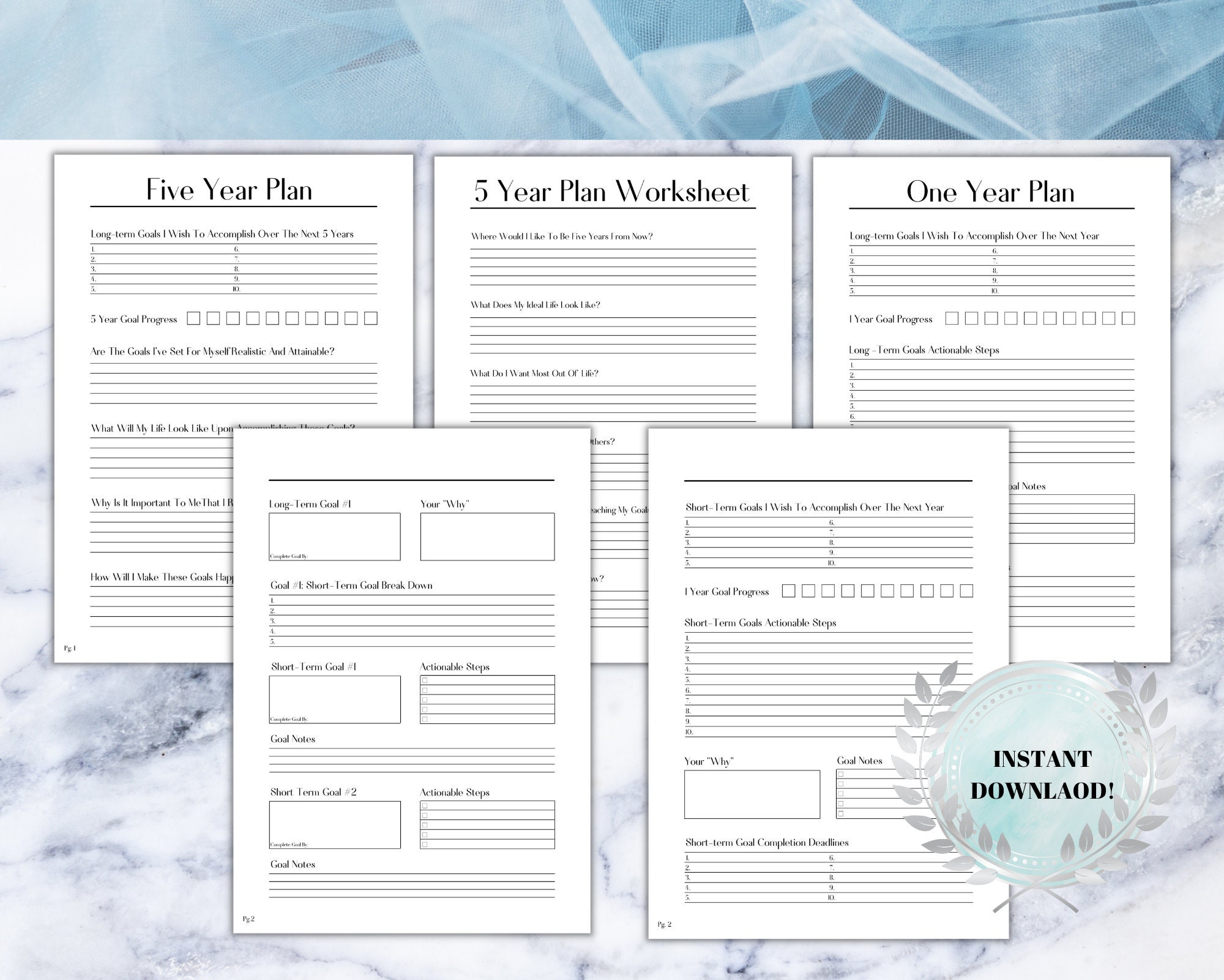 5 Year Plan Printable 5 Year Goal Planner Worksheet Yearly Goal Tracker ...