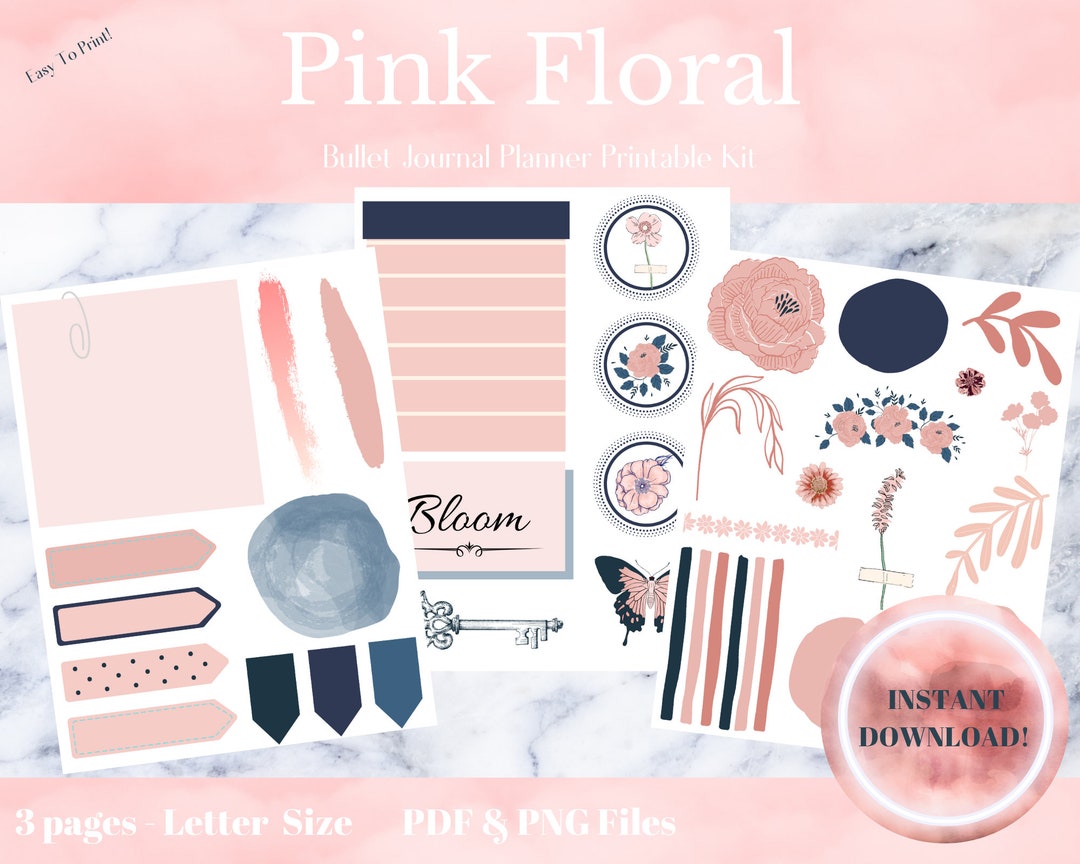 Printable Pink Floral Bullet Journal Planner Kit | Journal Planner ...