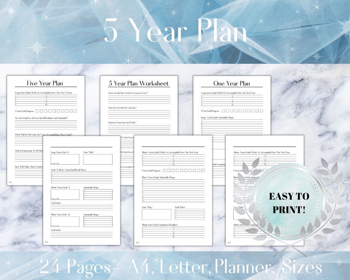 5 Year Plan Printable 5 Year Goal Planner Worksheet Yearly Goal Tracker ...