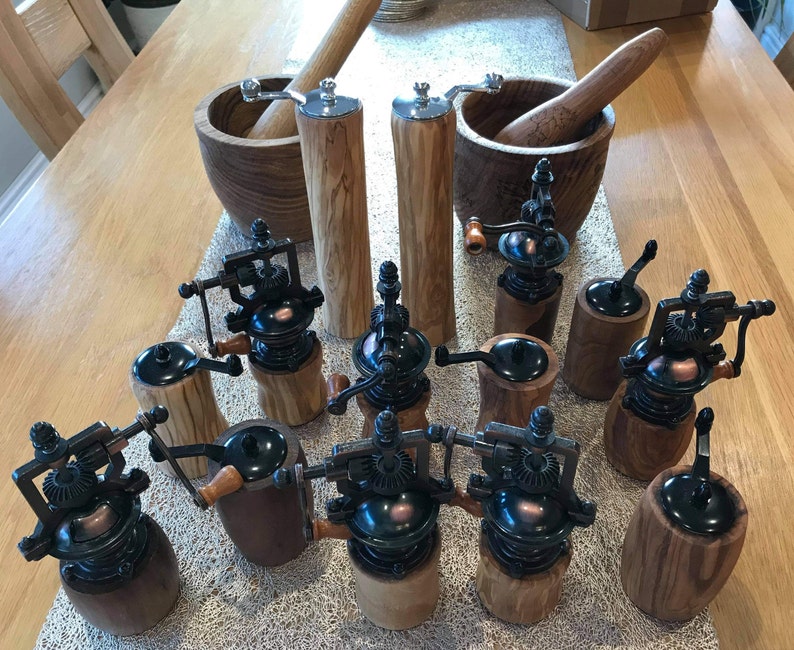 Handmade Vintage Style Salt & Pepper Mills on a Handturned Wooden Base ...