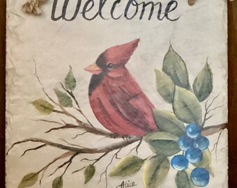 CARDINAL WELCOME SIGN Hand Painted Slate - Etsy