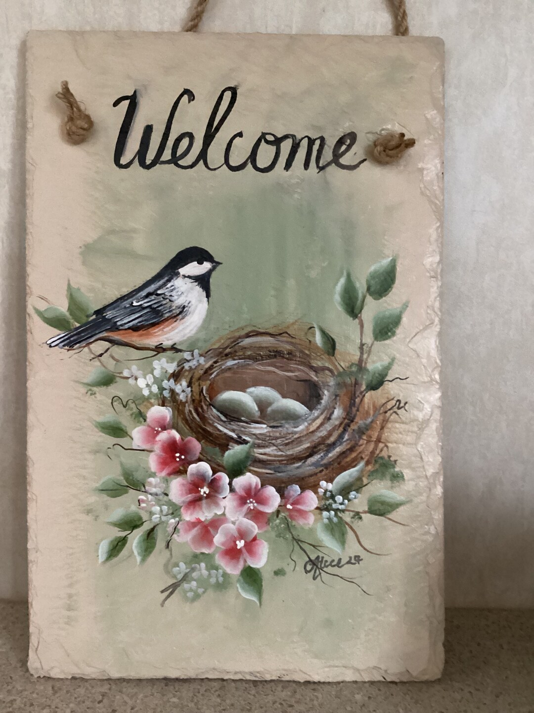 Painted Slate Welcome Sign With Chickadees - Etsy